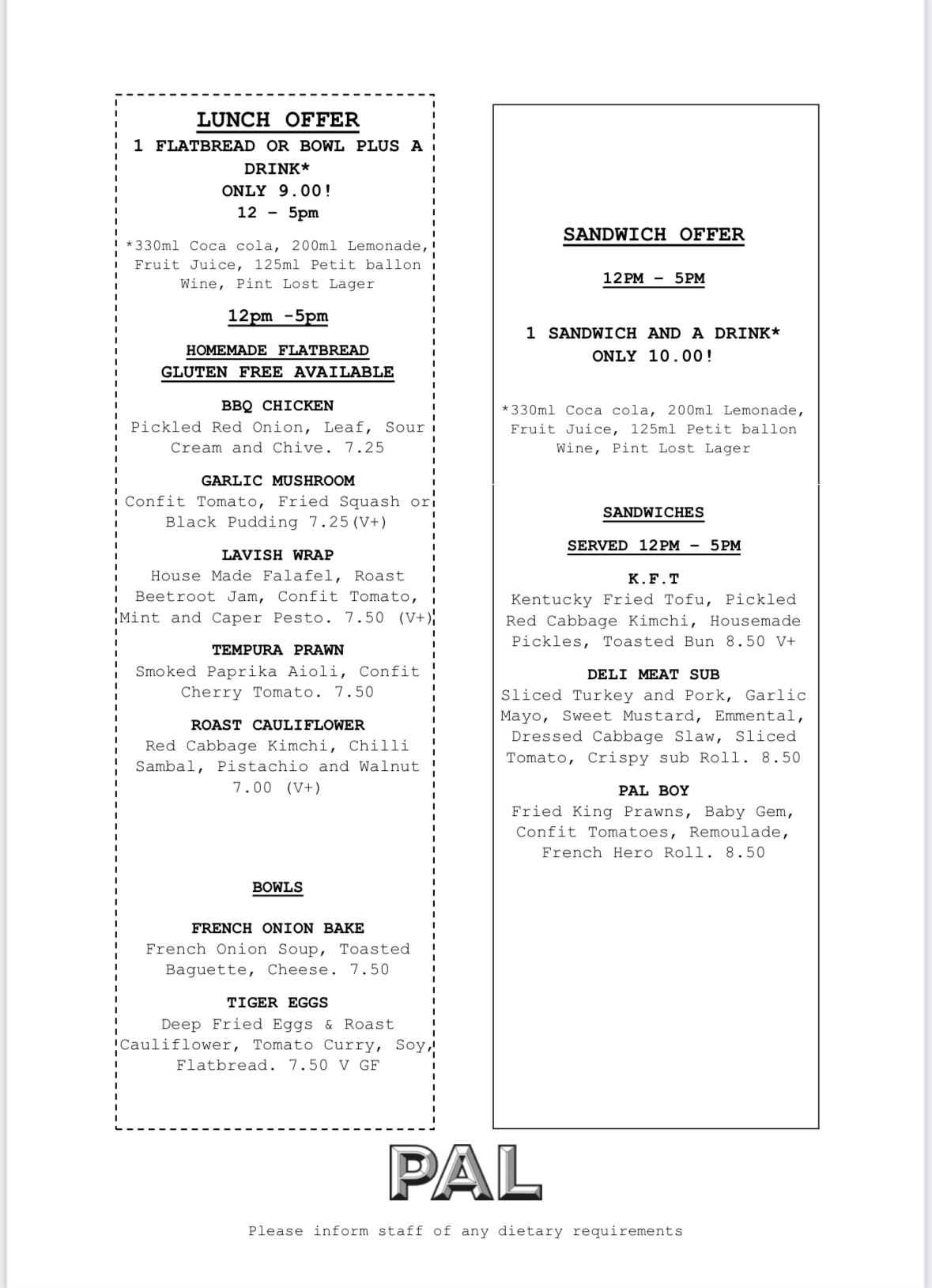 Our Menu - PAL Bar
